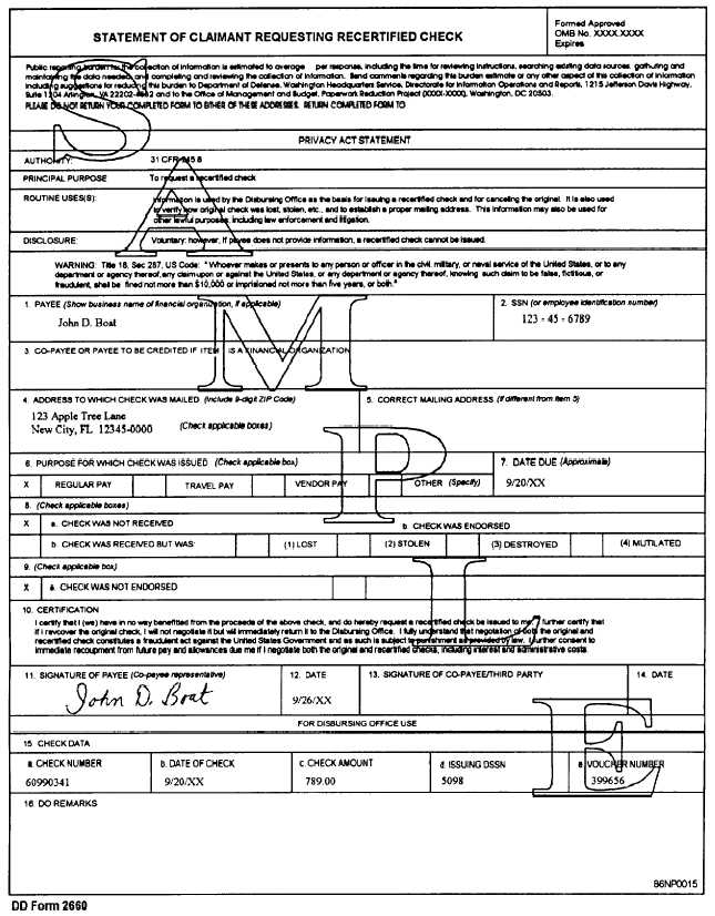 Sample DD Form 2660 Statement Of Claimant Requesting Recertified Check Sample DD Form 2660 Statement Of Claimant Requesting Recertified Check